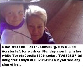 Boer Genocide: Susan Vorster missing, Boksburg